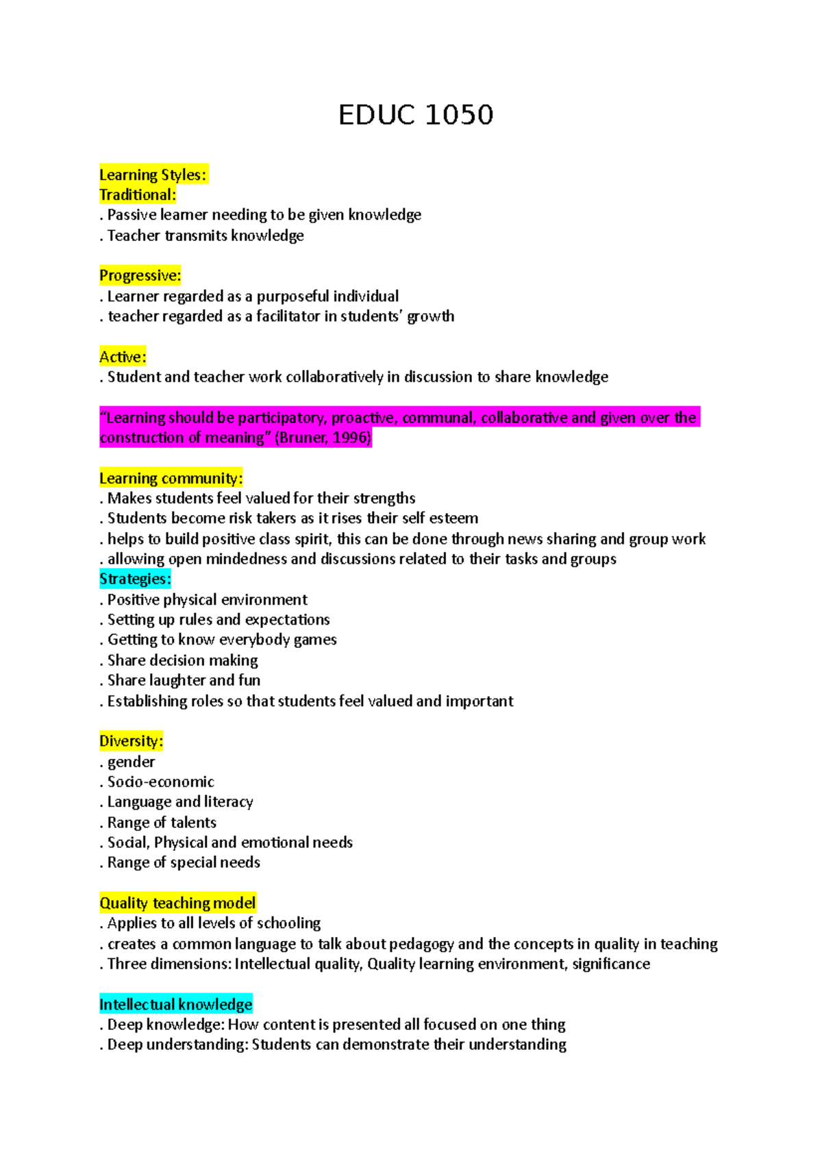 EDUC 1050 - Entire semesters lecture and tutorial notes - EDUC 1050 ...