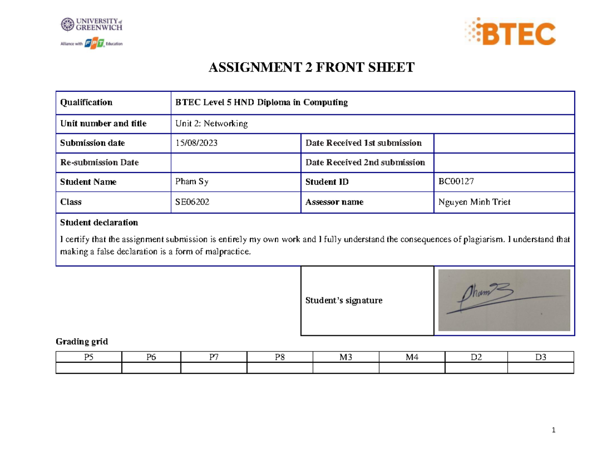 BC00127 Sy P Assignment 2 - ASSIGNMENT 2 FRONT SHEET Qualification BTEC Level 5 HND Diploma in ...