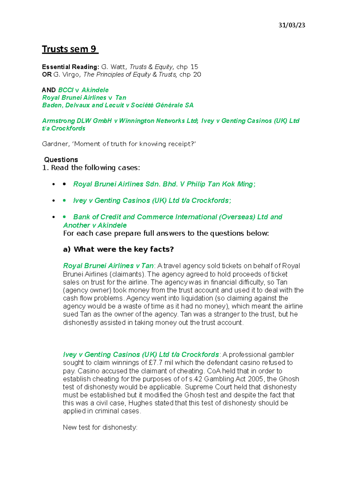 Sem 9 prep - Personal honesty and disassistance - Trusts sem 9 ...