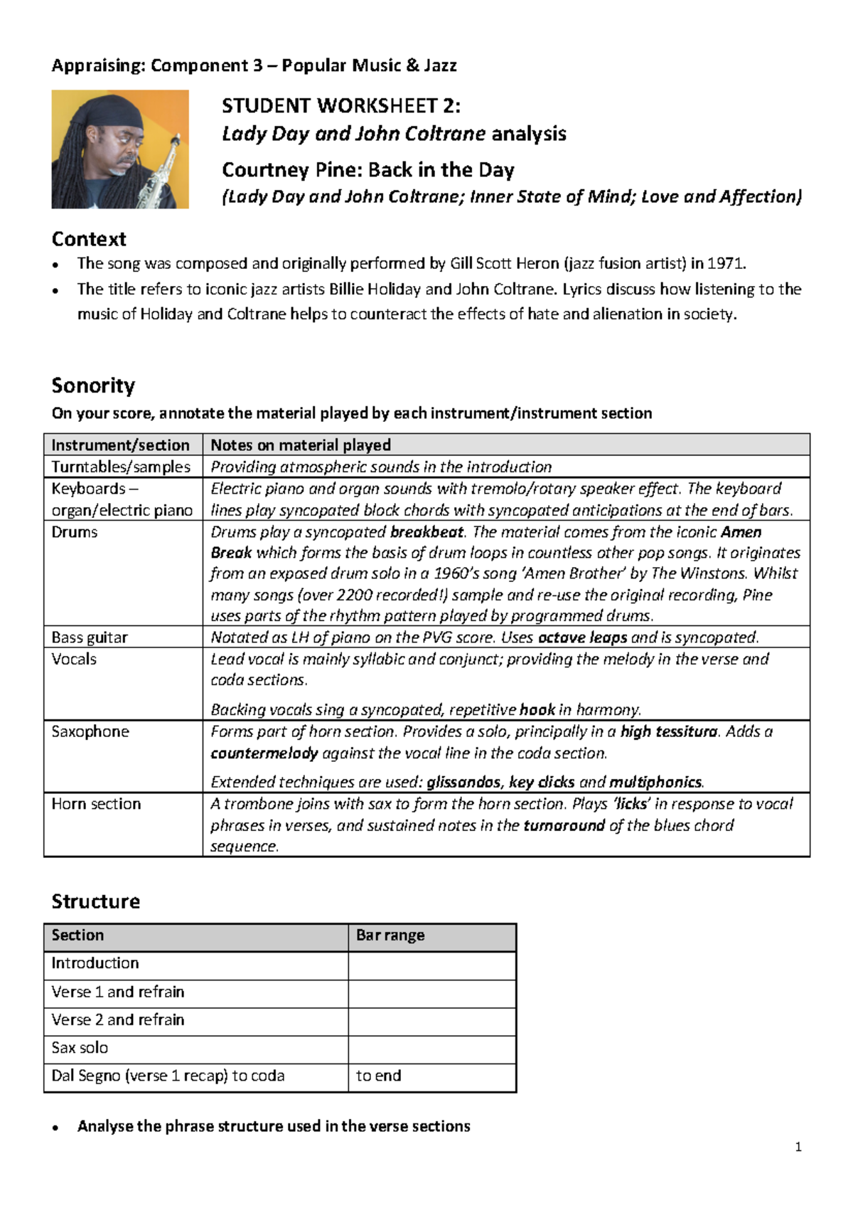 Pine student worksheet 2 - 1 Appraising: Component 3 – Popular Music ...