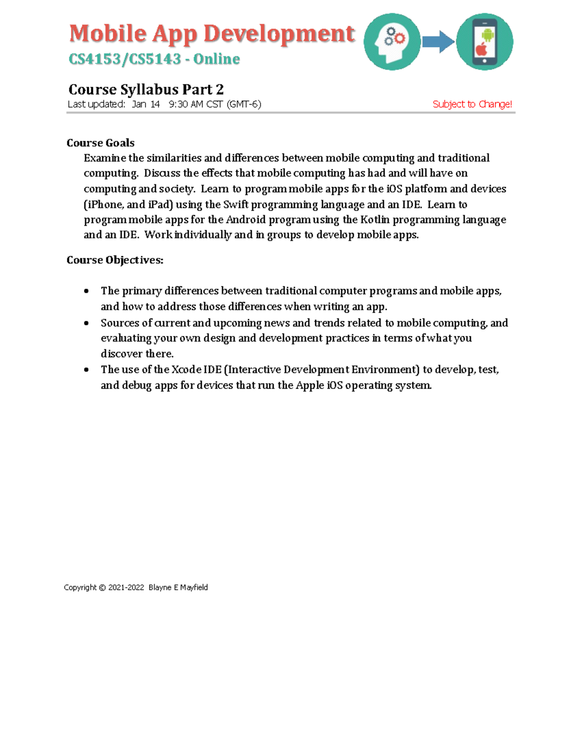 Syllabus Part 2- Mobile App Development - Mobile App Development CS4153 ...