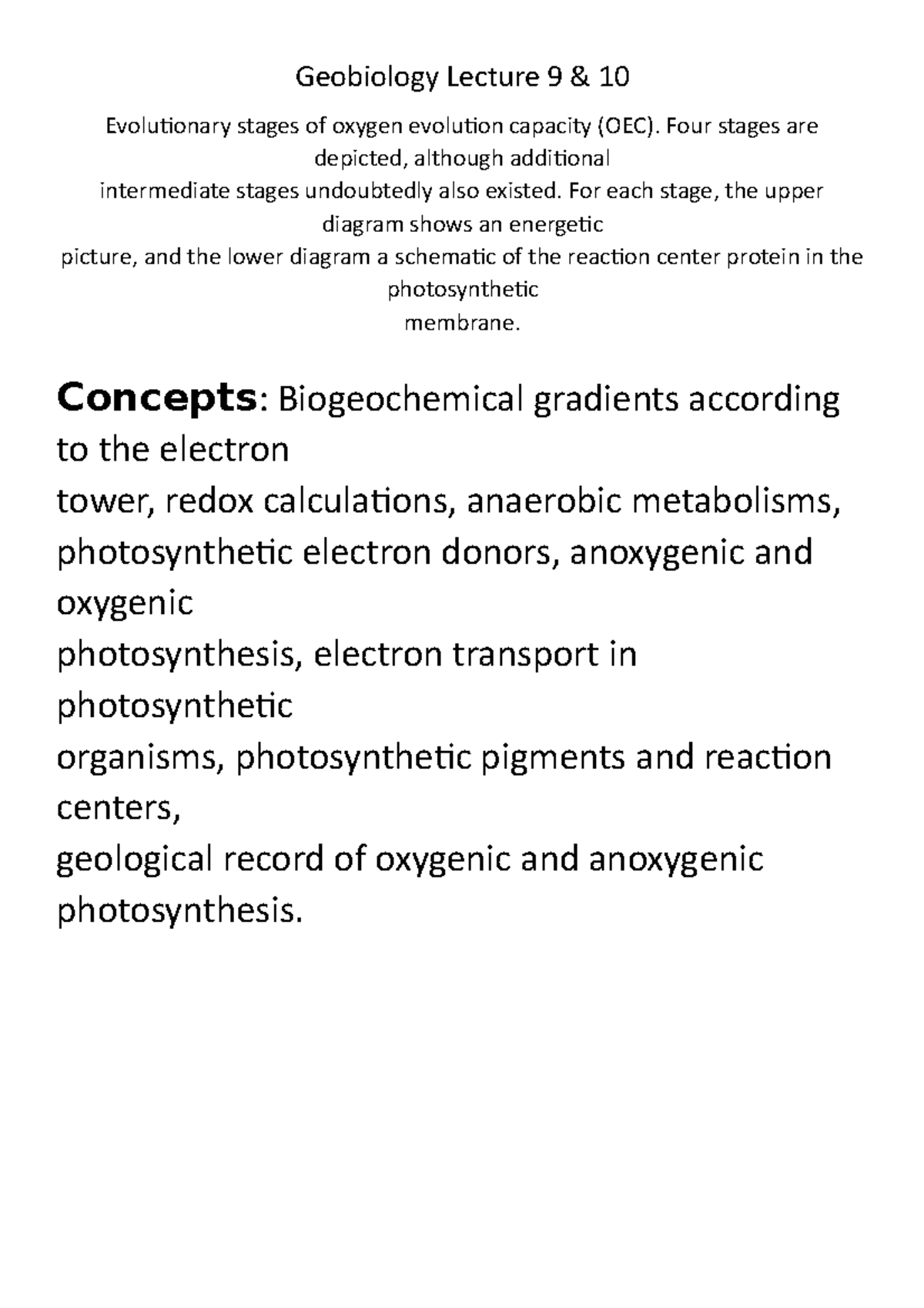 Geobiology Lecture 9 & 10 - Geobiology Lecture 9 & 10 Evolutionary stages of oxygen evolution ...