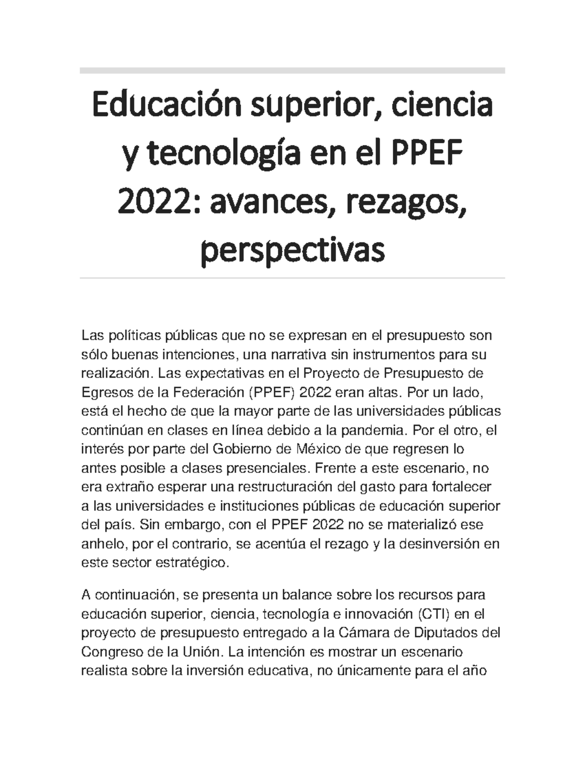 Educación superior, ciencia y tecnología en el PPEF 2022 - Educación superior, ciencia y ...