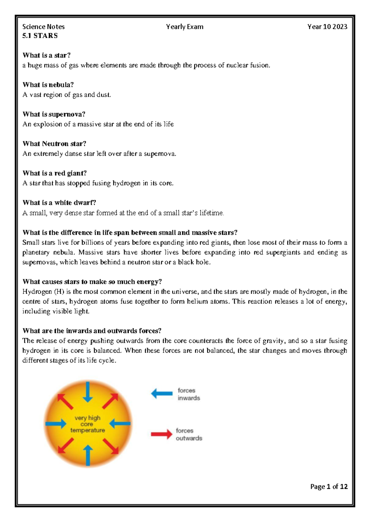 Science Notes - Chapter Five Space - 5 STARS What is a star? a huge ...