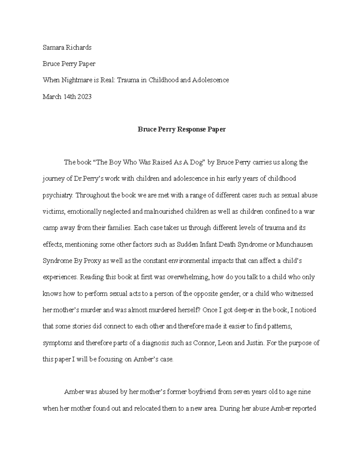 Bruce Perry Paper - Samara Richards Bruce Perry Paper When Nightmare is ...