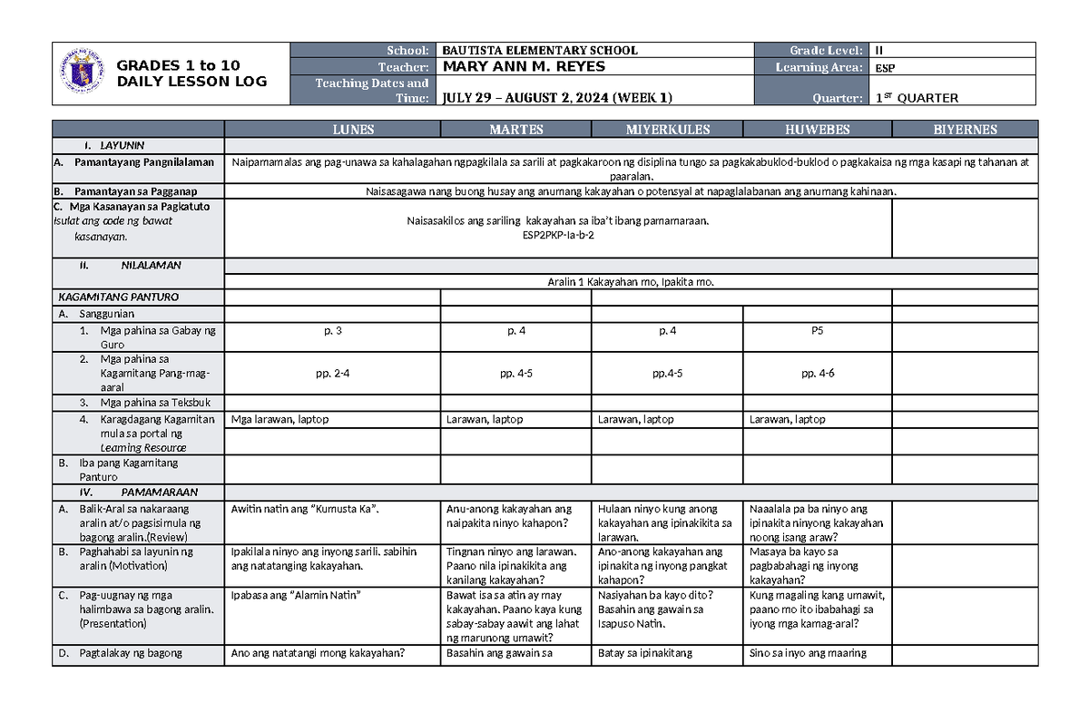 DLL ESP 2 Q1 W1 - Daily Lesson Log - GRADES 1 to 10 DAILY LESSON LOG ...