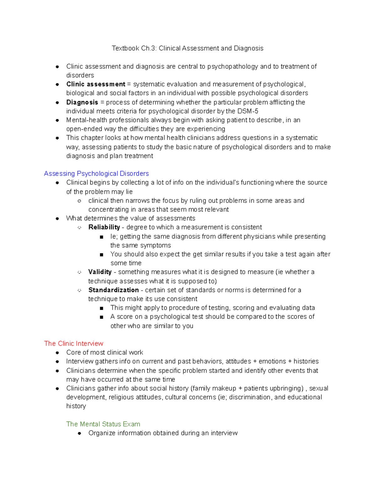 Week 3 - Assessment and Diagnosis - Textbook Ch: Clinical Assessment ...