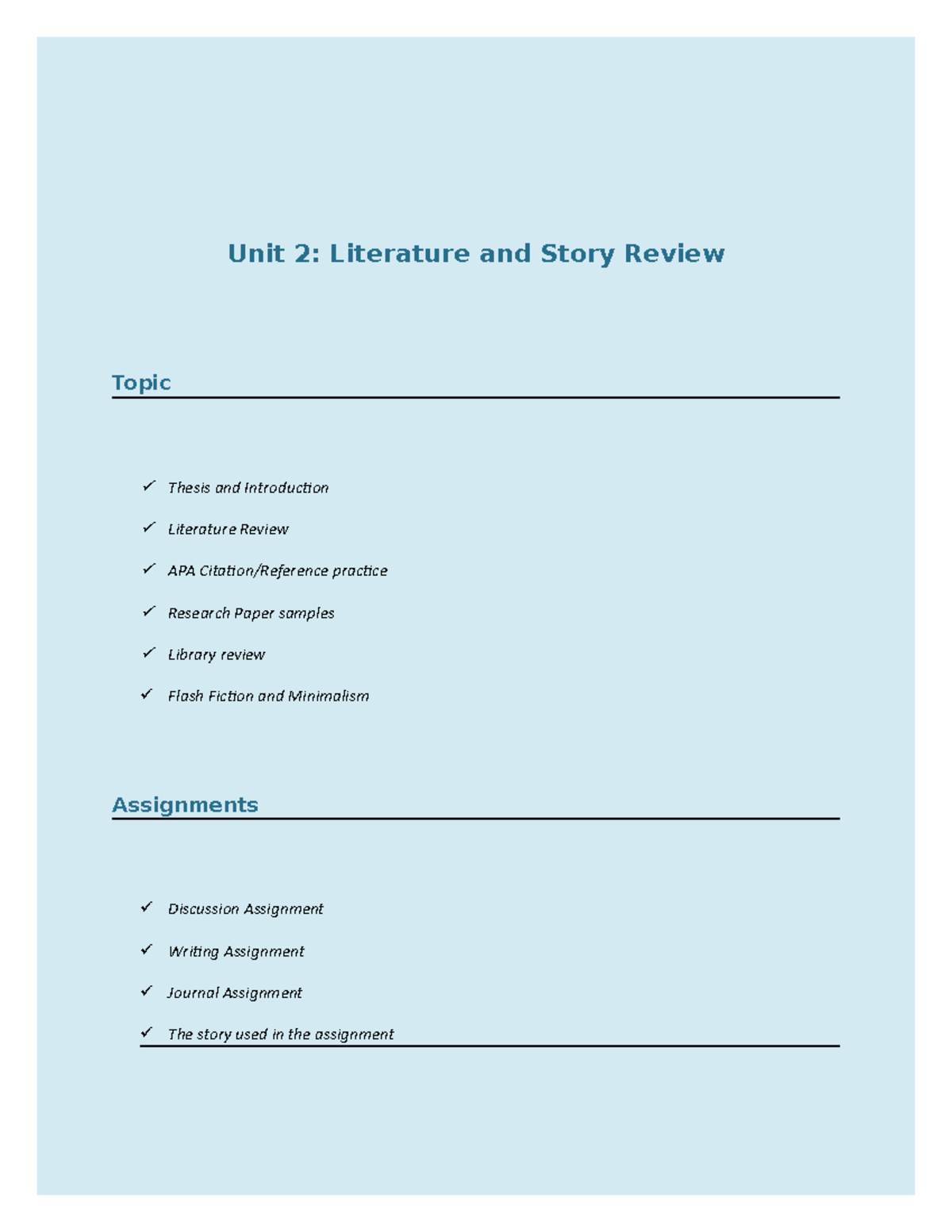 ENGL 1102 Unit 2 Assignments - Unit 2: Literature and Story Review ...
