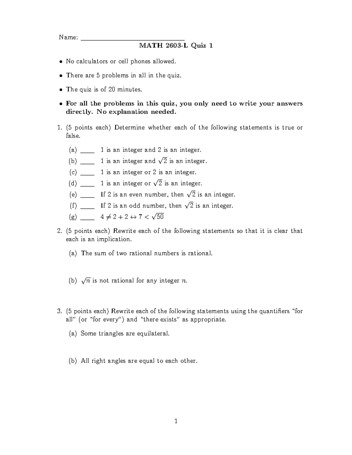 Quiz 1 Math 2603 Name Math 2603 L Quiz 1 No Calculators Or Cell Phones Allowed There Are 5