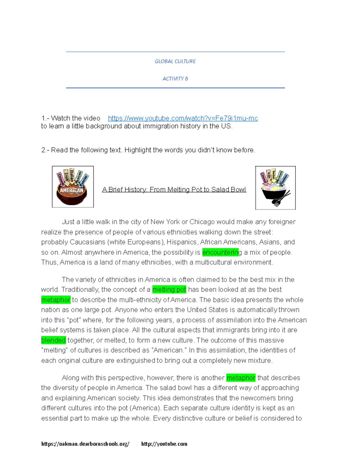 Global Culture activity 6 - GLOBAL CULTURE ACTIVITY 6 1.- Watch the ...