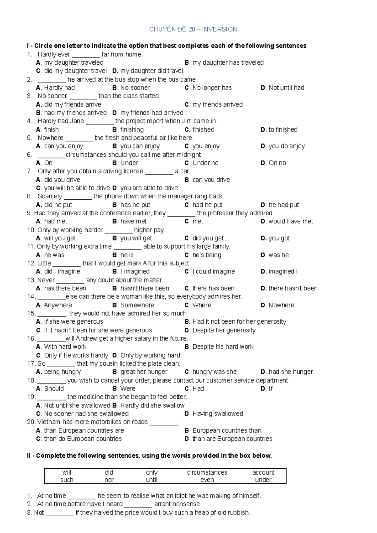 Chuyên ĐỀ 20- Inversion - CHUYÊN ĐỀ 20 – INVERSION I - Circle one ...