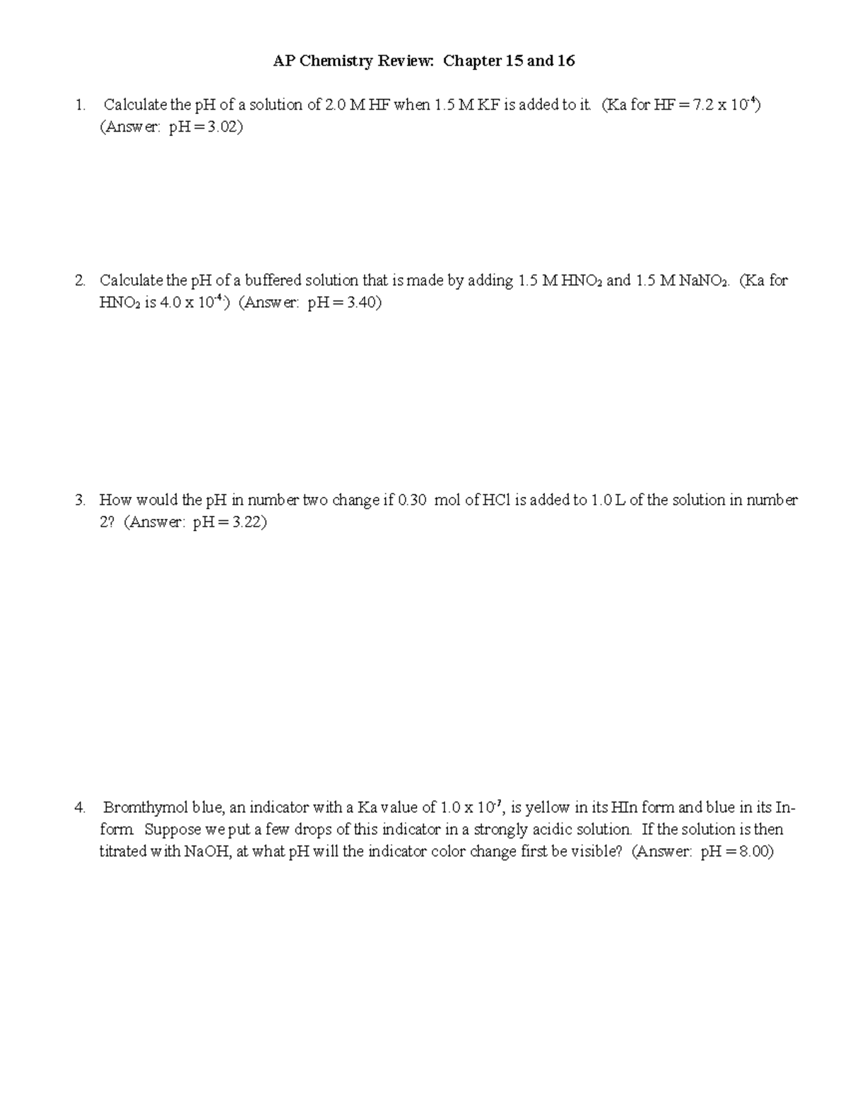 Review sheet - chapter 15 and 16 2 - AP Chemistry Review: Chapter 15 ...