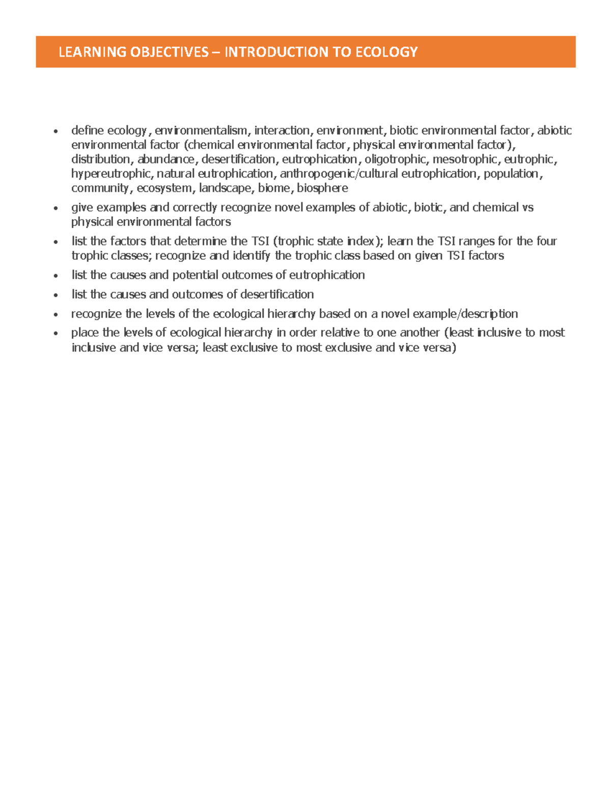 LO Intro to Ecology - LEARNING OBJECTIVES – INTRODUCTION TO ECOLOGY ...