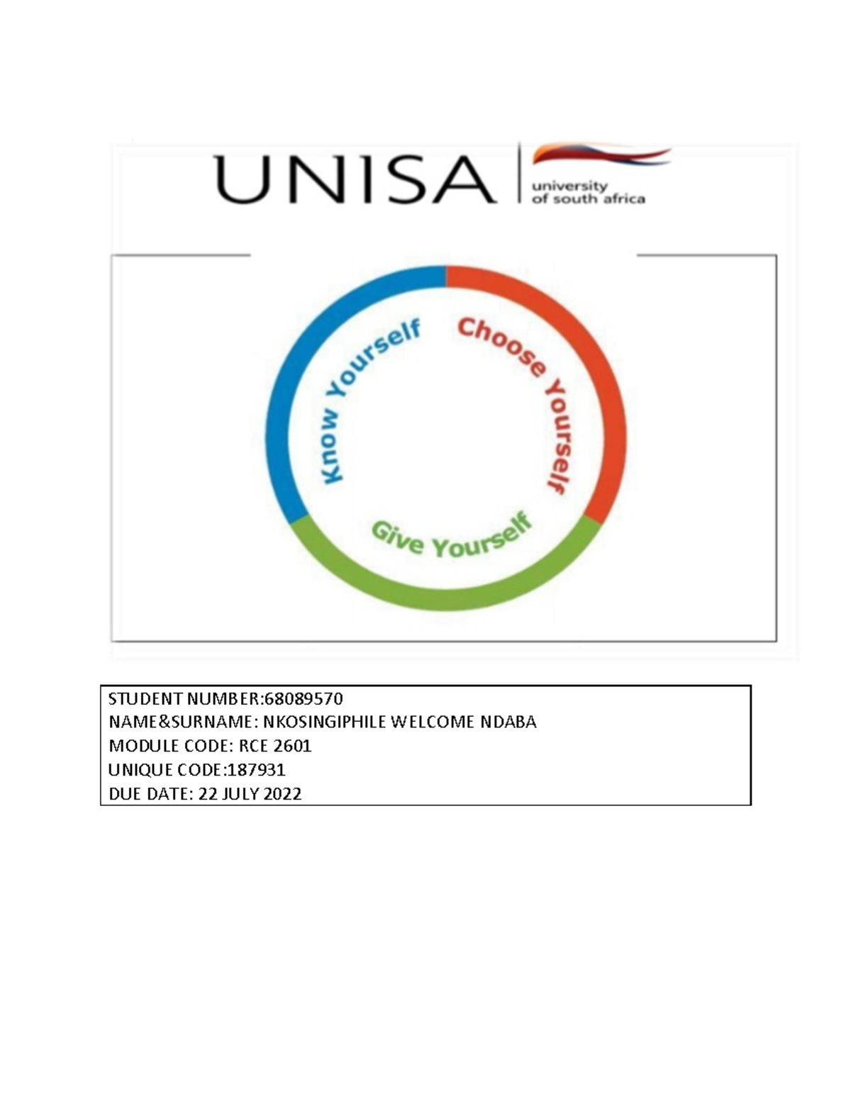 RCE 3701 Assignment 02 - NAME&SURNAME: NKOSINGIPHILE WELCOME NDABA STUDENT NUMBER: MODULE CODE ...