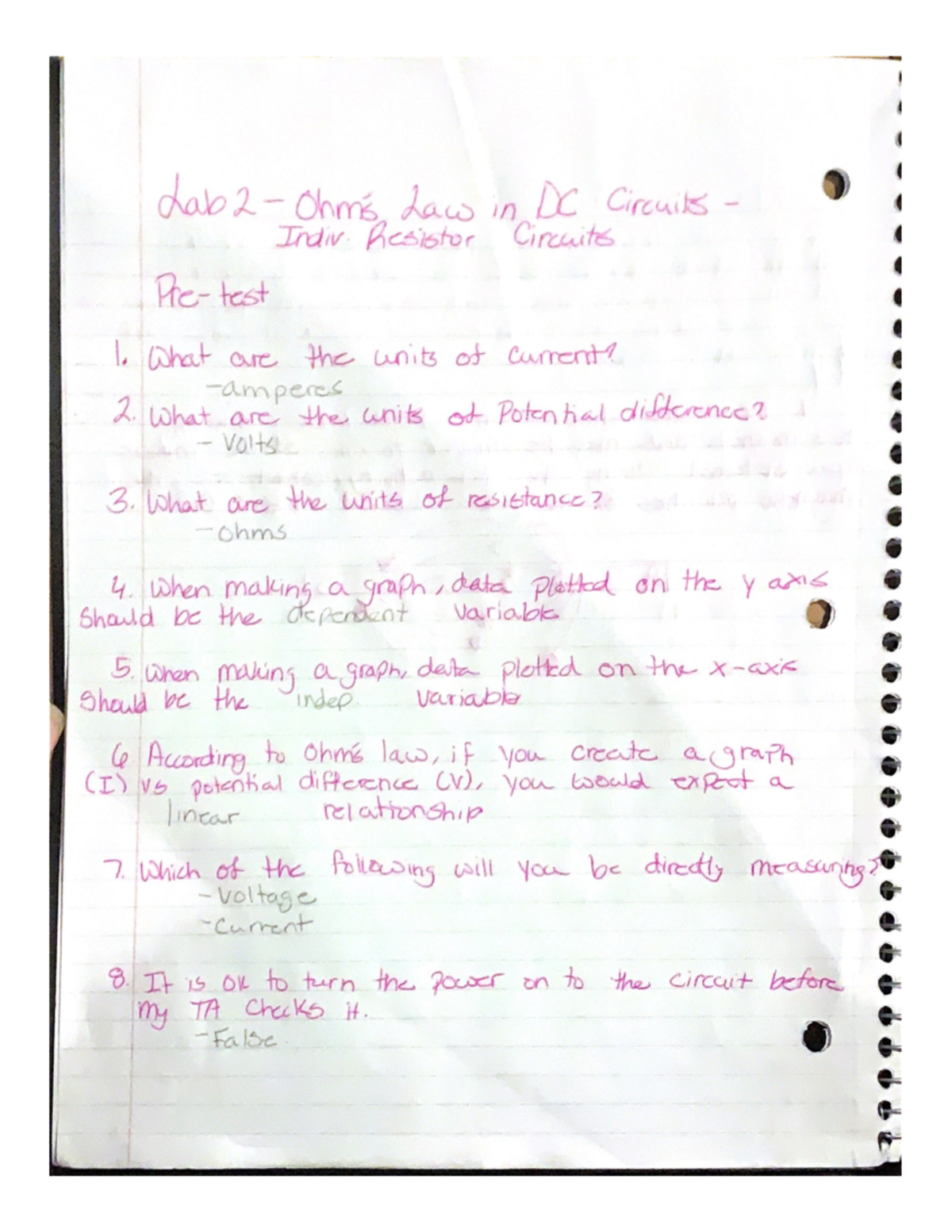 LSU PHYS 2109 Lab2 Ohms Law In Dc Circuits Indiv. Resistor Circuits ...