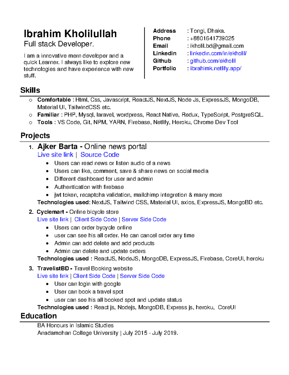 Resume of Ibrahim Kholilullah - Ibrahim Kholilullah Full stack Developer. I am a innovative mern ...