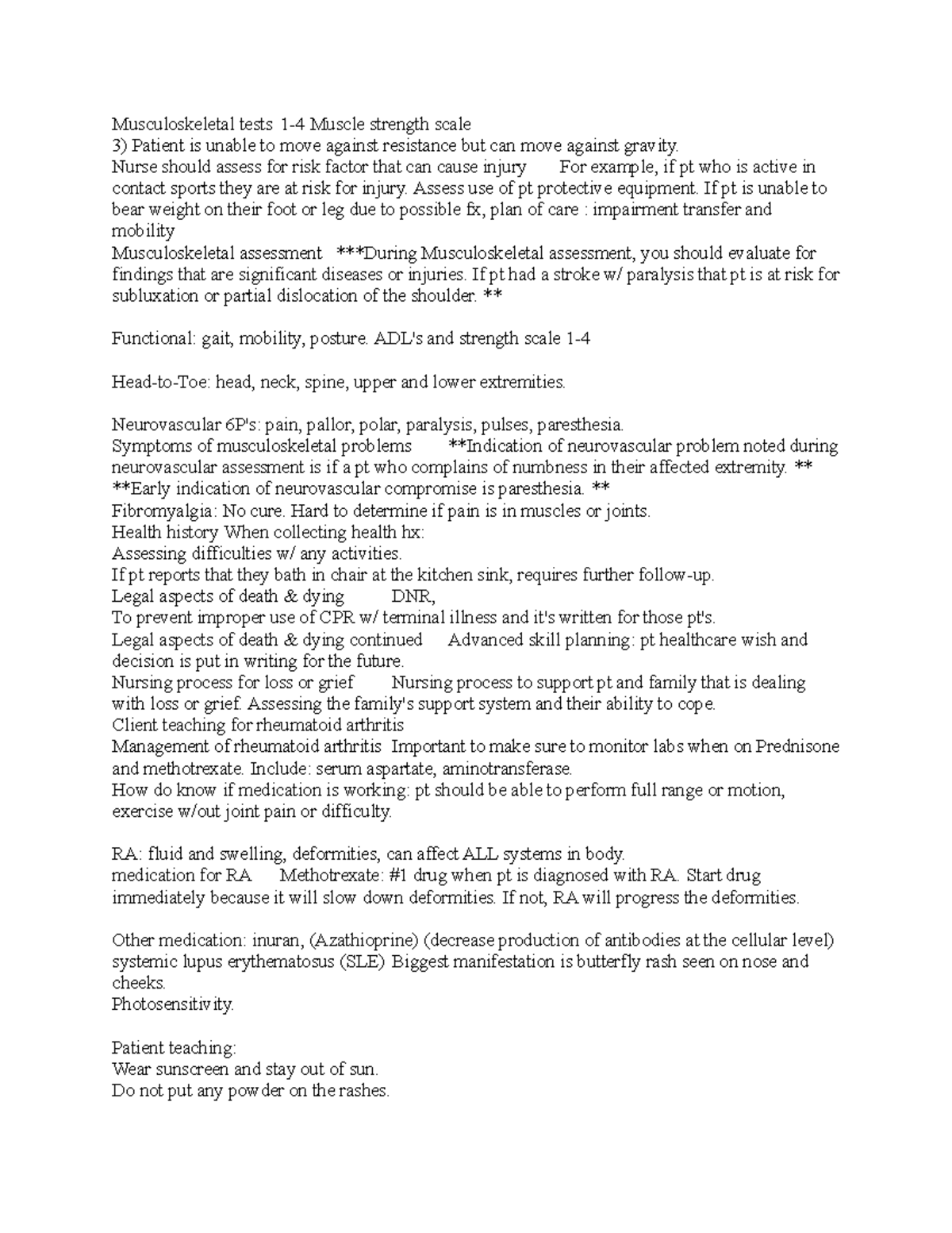 Transitions to RN exam 4 - Musculoskeletal tests 1-4 Muscle strength ...