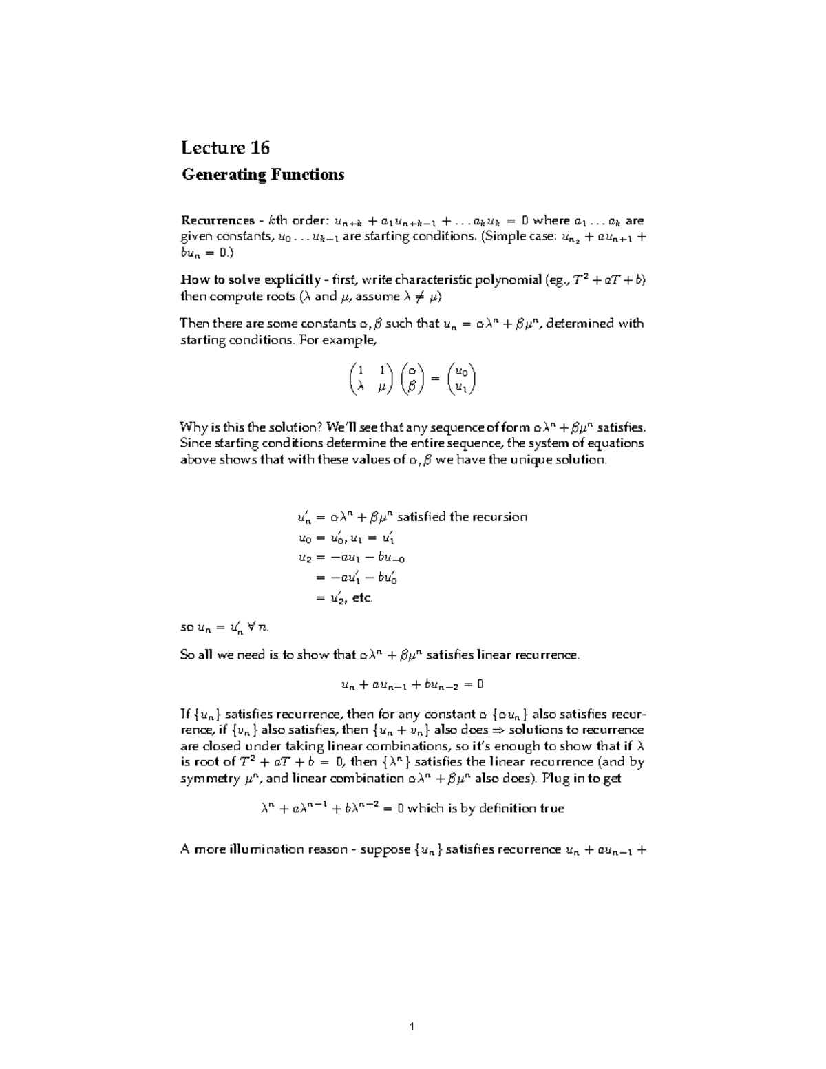 Theory Of Numbers Lecture 16 - 6 Lecture 16 Generating Functions Recurrences - kth order: un+k ...