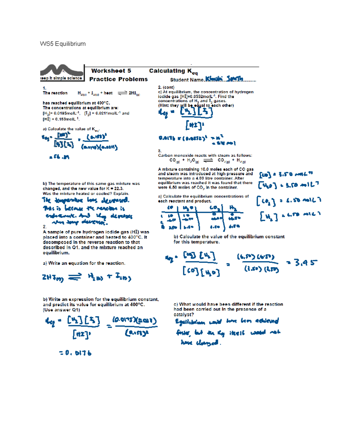 WS5 Equilibrium KISS - Practice material for Chem - WS5 Equilibrium ...