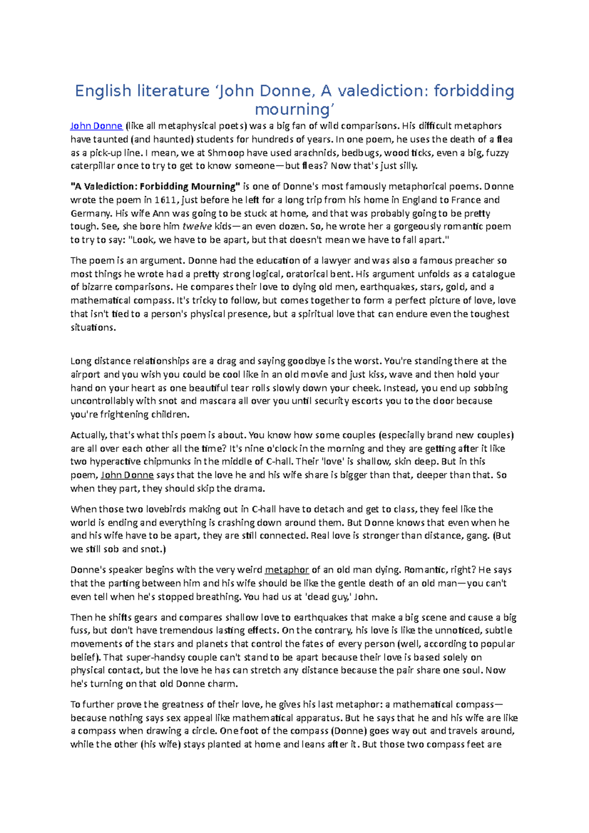 English literature ‘John Donne' - His difficult metaphors have taunted ...