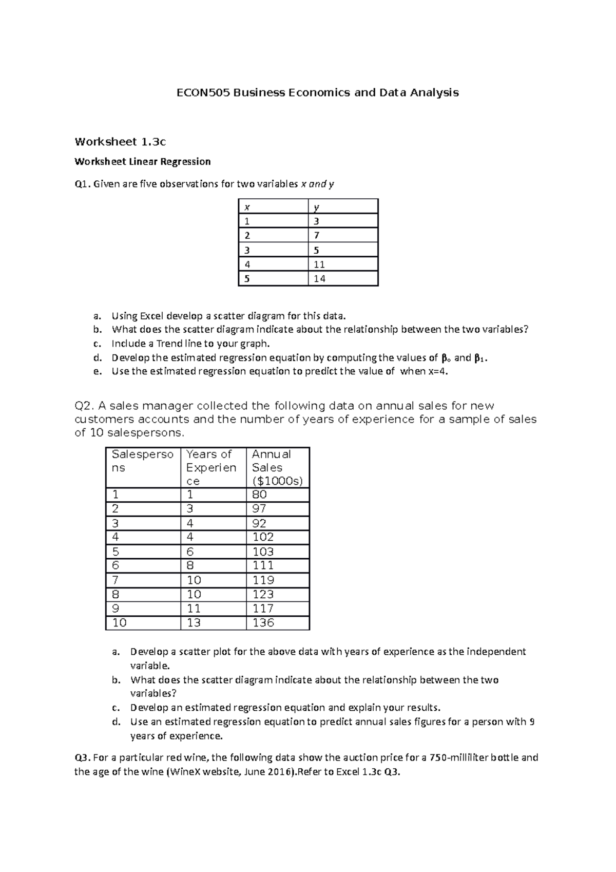Worksheet 1.3c Linear Regression - ECON505 Business Economics and Data ...