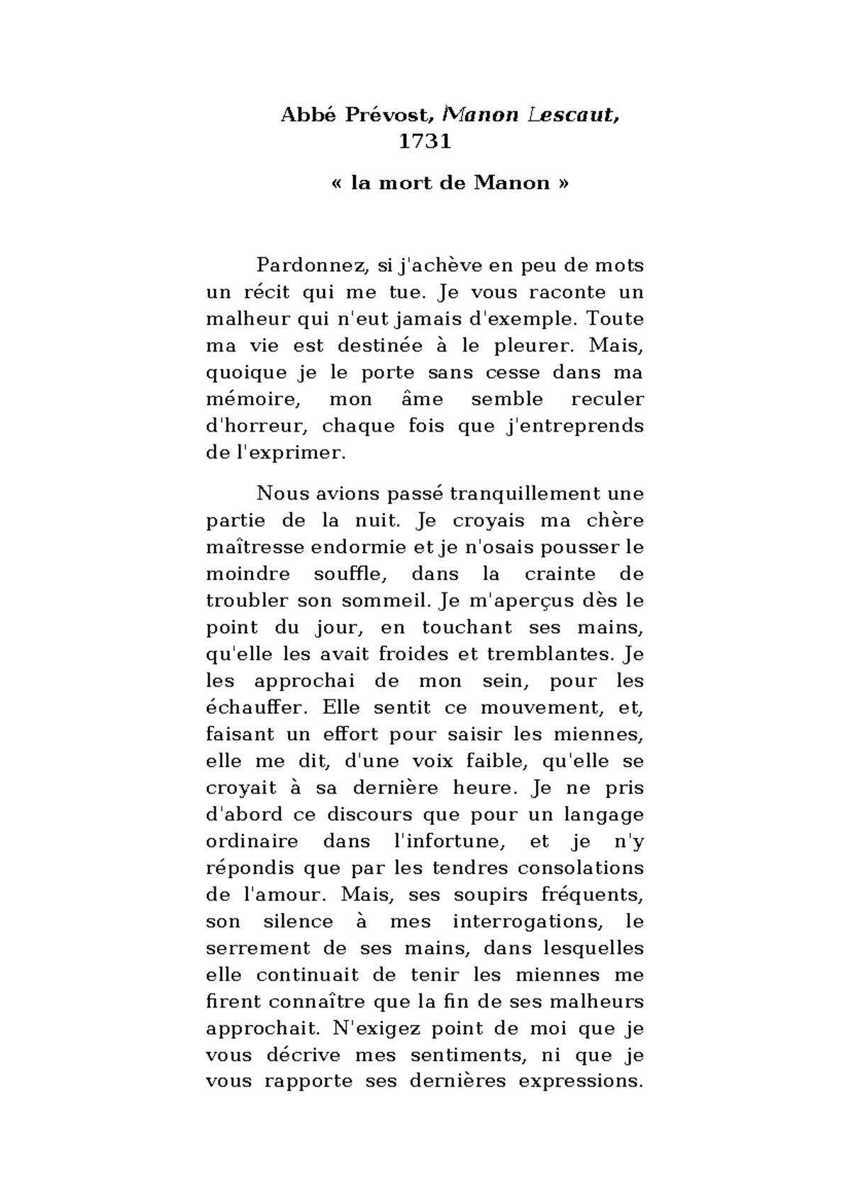 Mort manon texte grandes marges 1 - Abbé Prévost, Manon Lescaut, 1731 ...