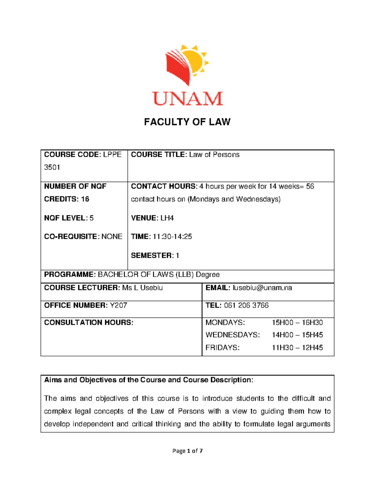 LAW OF Persons Course Outline FOR 2019 1 FACULTY OF LAW COURSE CODE law-of-persons-course-outline-for-2019-1-faculty-of-law-course-code