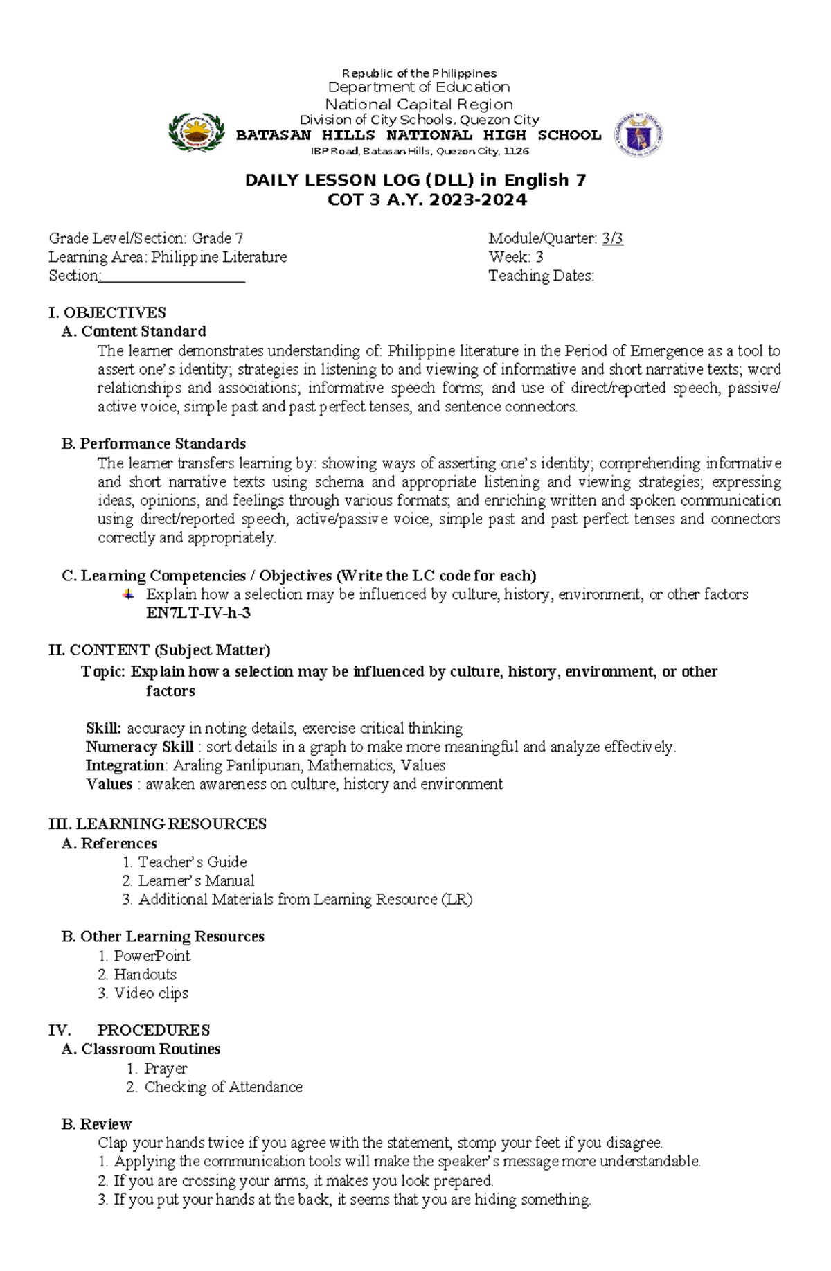 DLL- Lesson-3-Q3-COT - DAILY LESSON LOG (DLL) in English 7 COT 3 A. 2023- Grade Level/Section ...