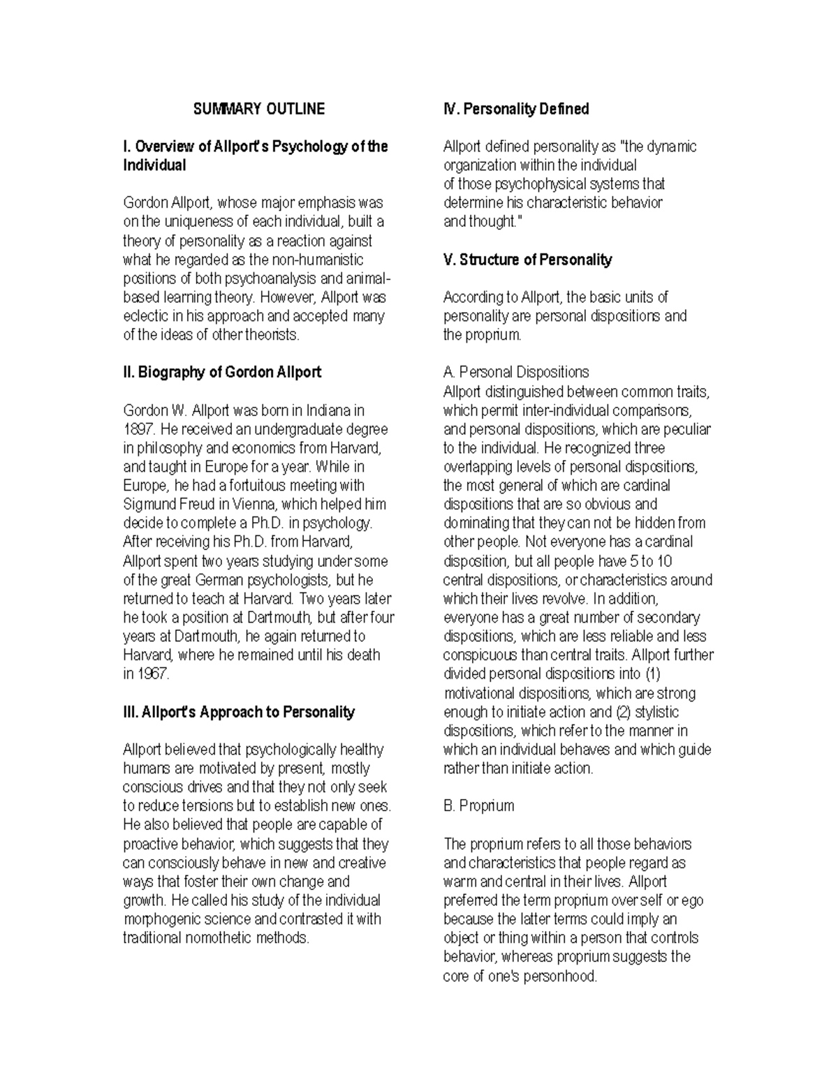 Allport- Psychology of the Individual - SUMMARY OUTLINE I. Overview of ...