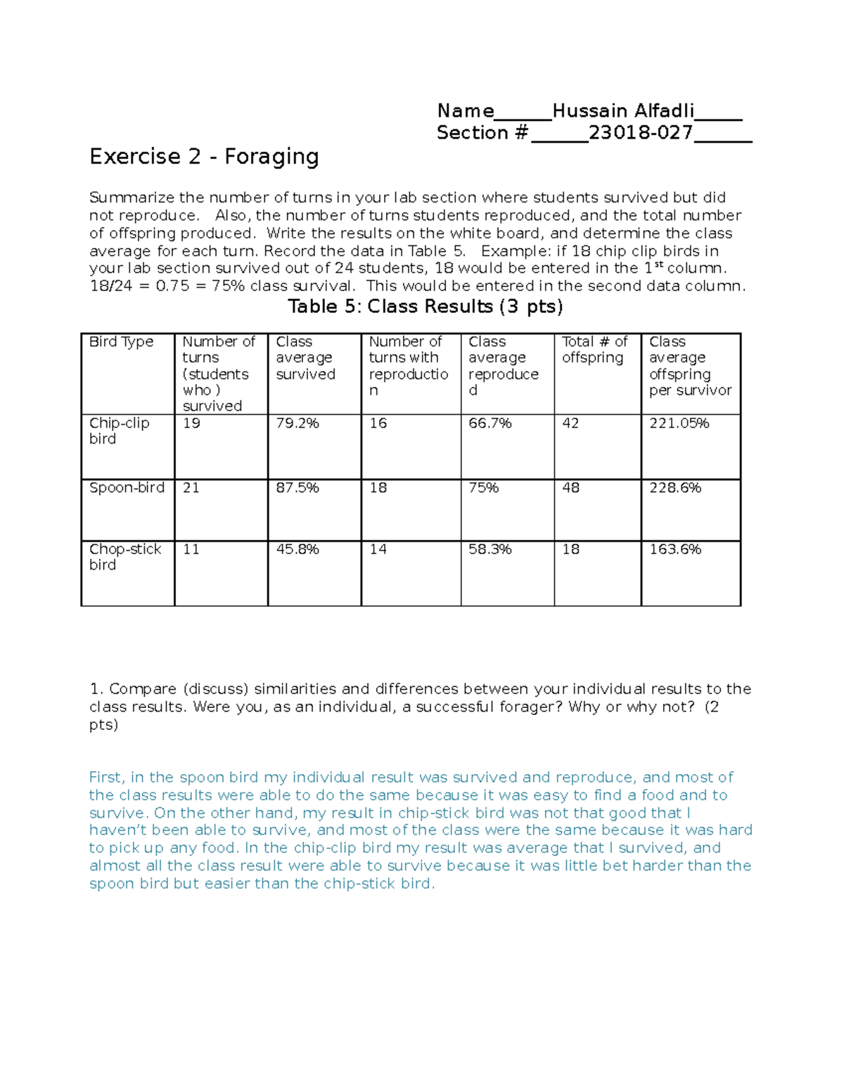 Foraging Worksheet - N/C - Name______Hussain Alfadli_____ Section ...