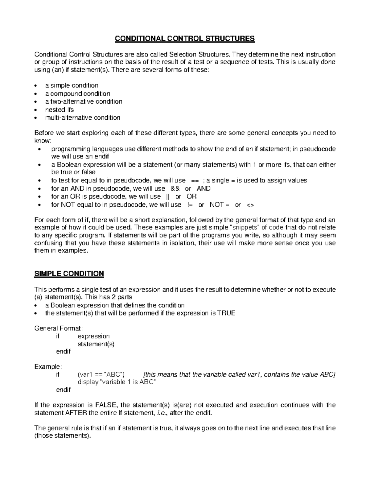 Conditional Control Structures - CONDITIONAL CONTROL STRUCTURES ...