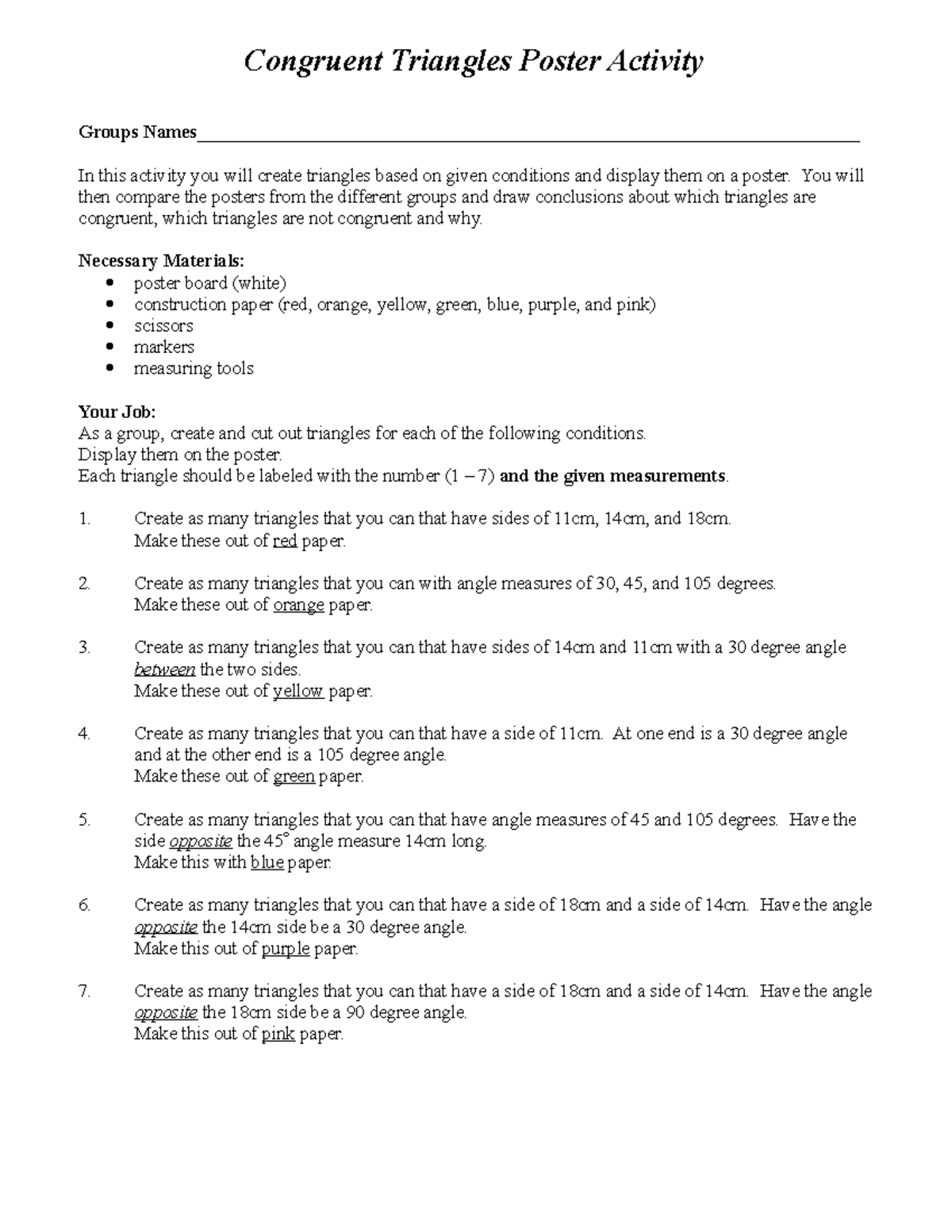 4 - Triangle Congruence - Congruent Triangles Poster Activity Groups ...