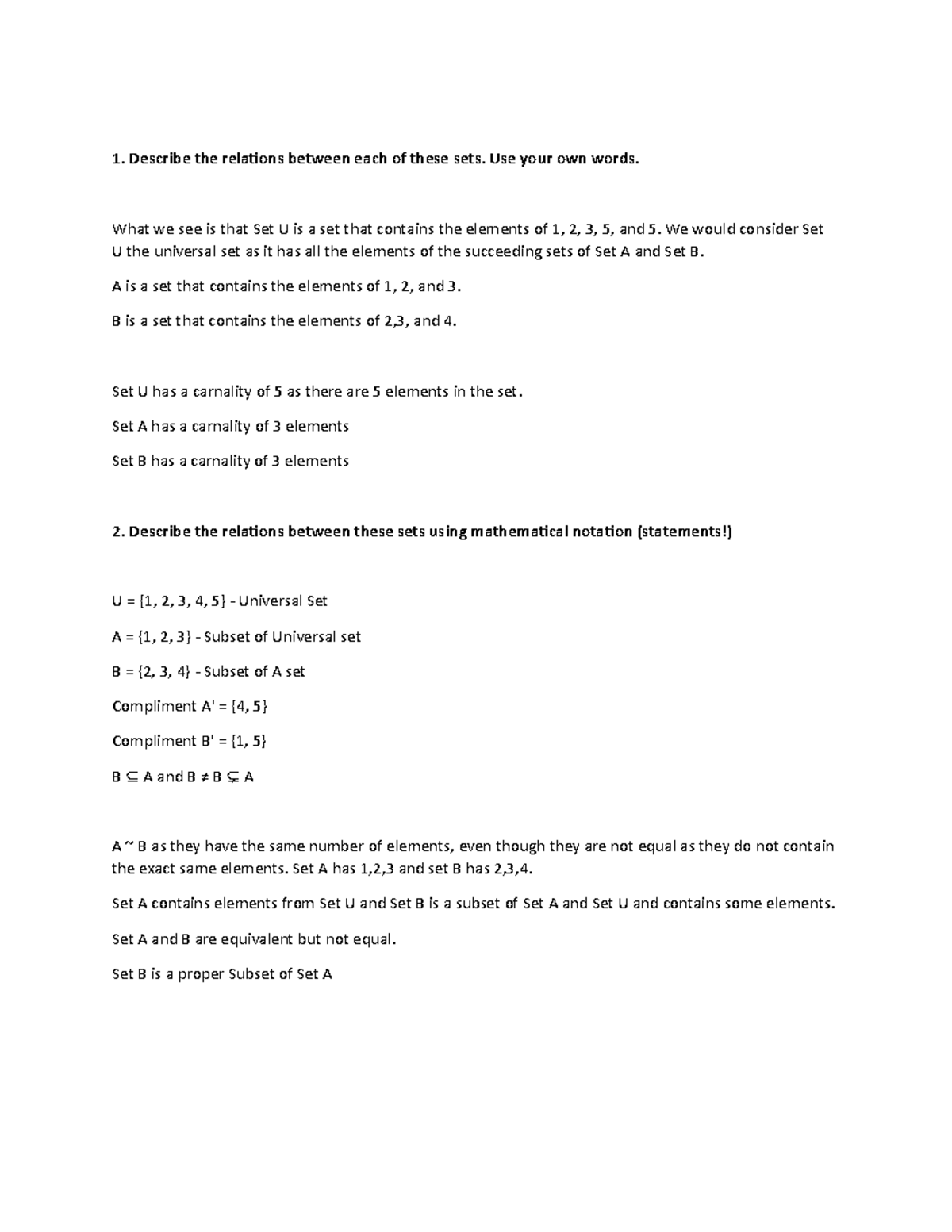 Discrete Math Week 1 assingment - 1. Describe the relations between ...