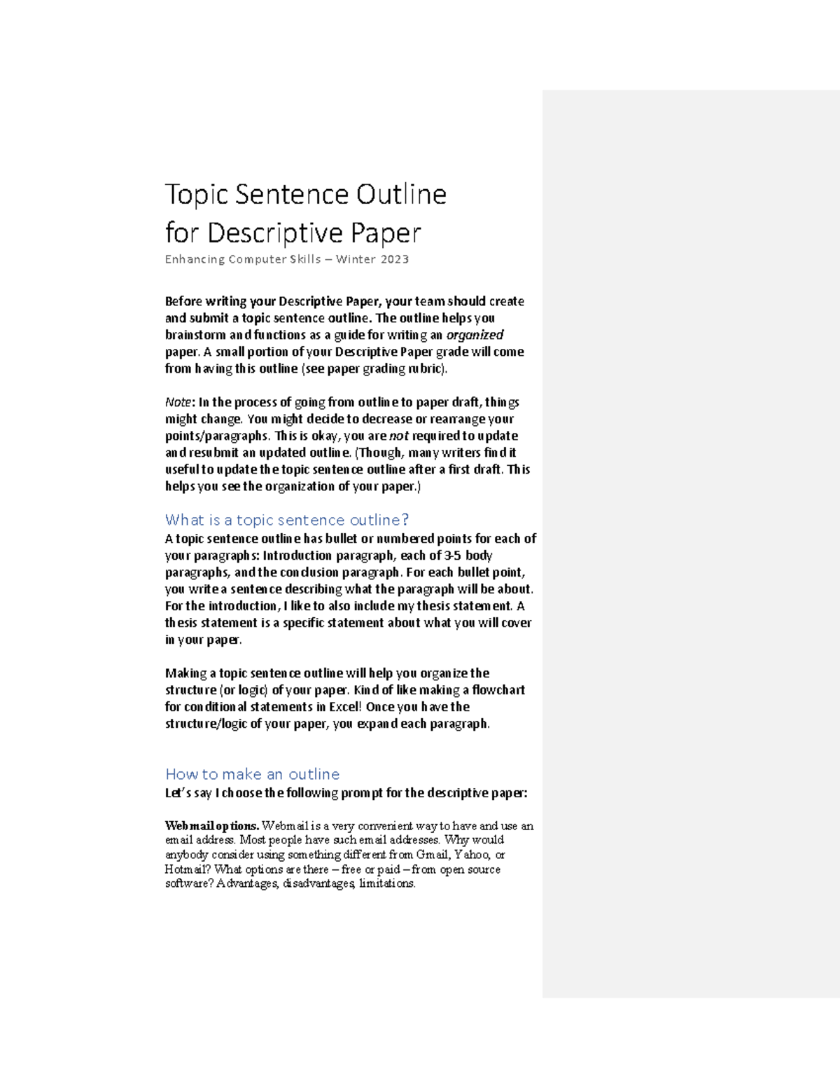 Topic Sentence Outline Instructions - Topic Sentence Outline for ...
