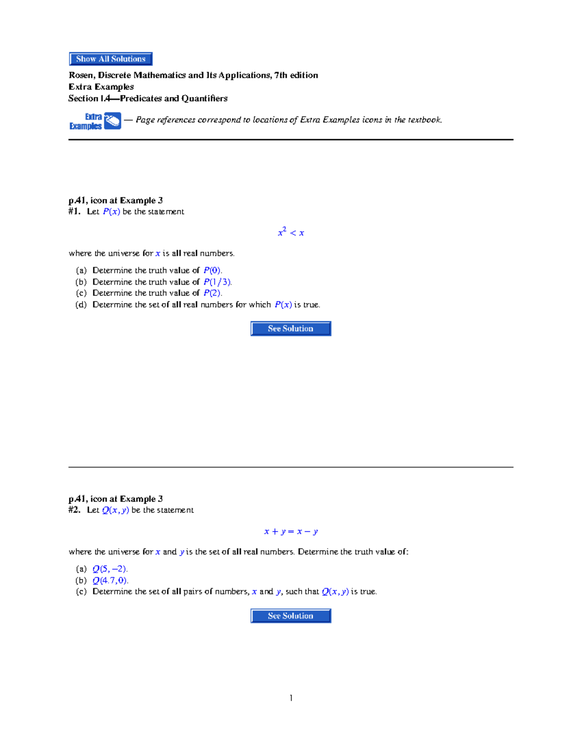 Rosen Section 1.4 Extra Examples - Rosen, Discrete Mathematics and Its ...