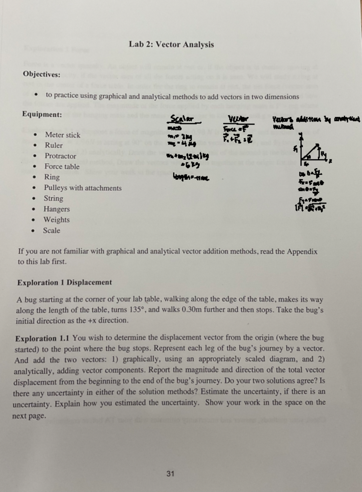 Physics Lab 2 - Lab - Scalar -Vector Vectors addition by analytical ...