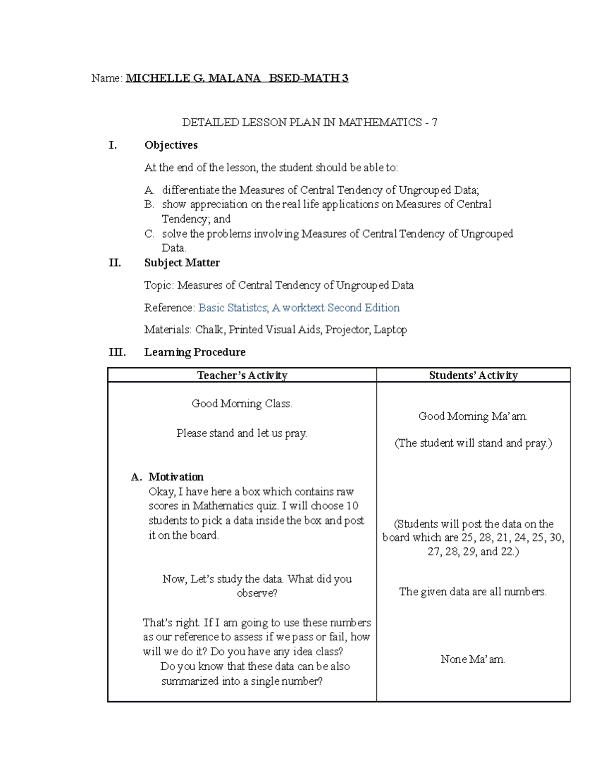 Detailed Lesson PLAN - Name: MICHELLE G. MALANA BSED-MATH 3 DETAILED LESSON PLAN IN MATHEMATICS ...