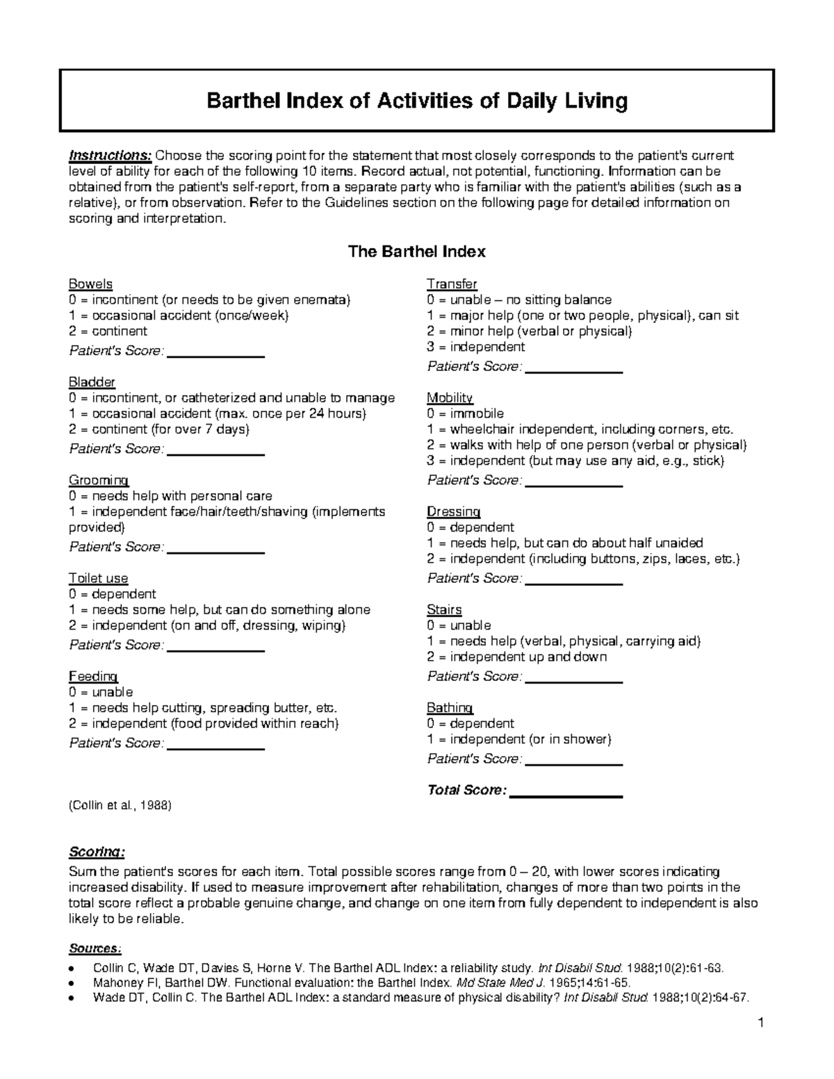 Barthel Index ADLs - Non - 1 Barthel Index of Activities of Daily ...