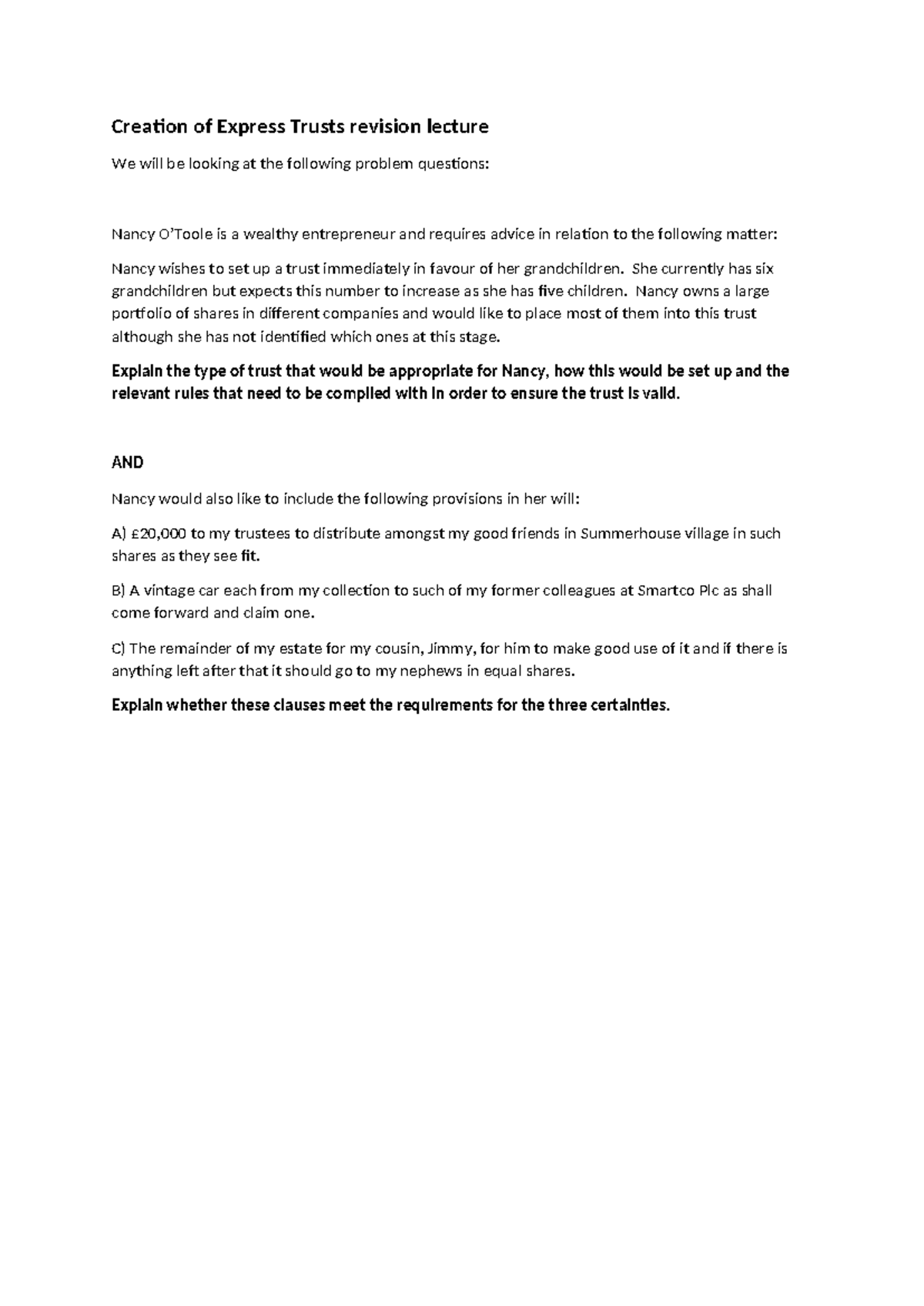 Creation of Express Trusts revision lecture - questions - Creation of Express Trusts revision ...