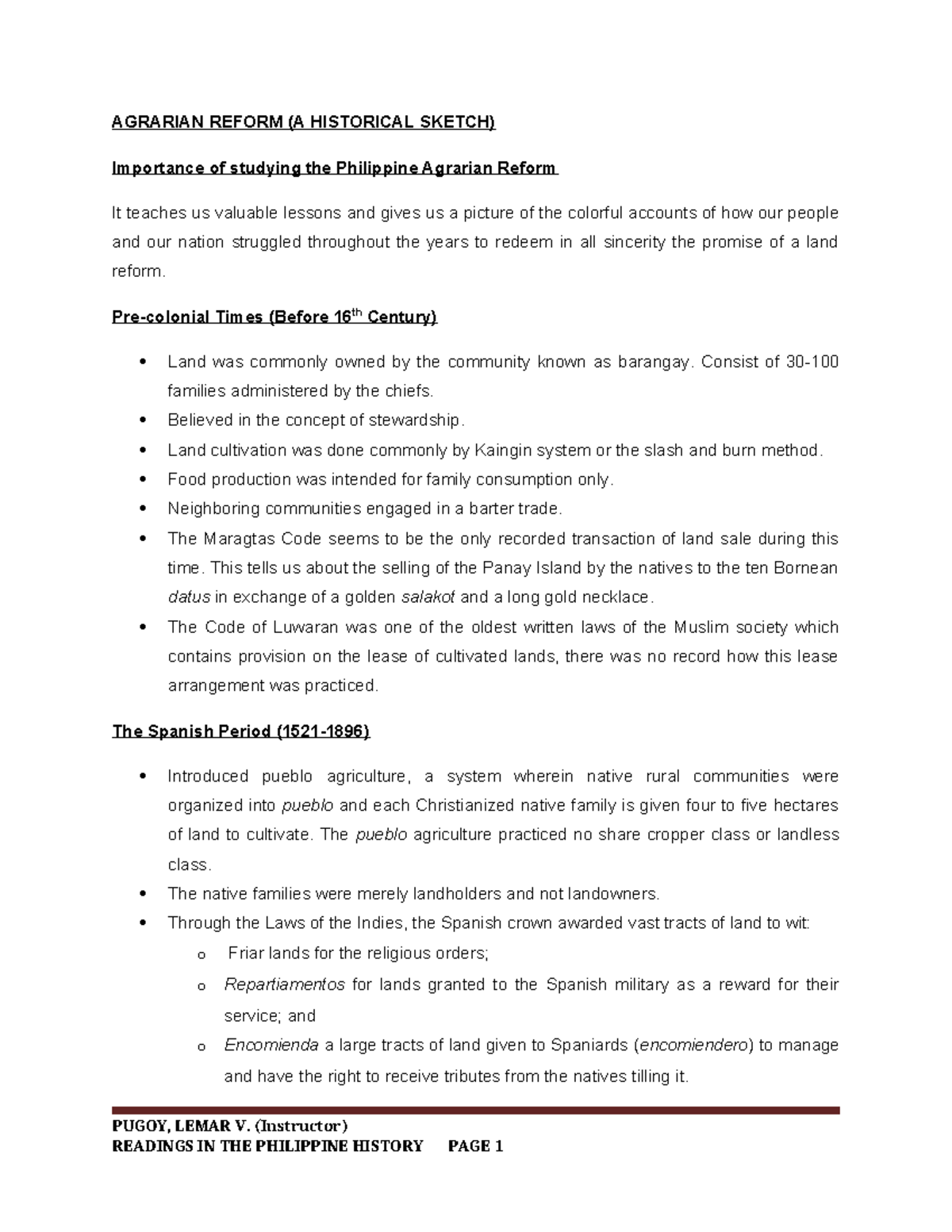 426888291-Agrarian - AGRARIAN REFORM (A HISTORICAL SKETCH) Importance ...