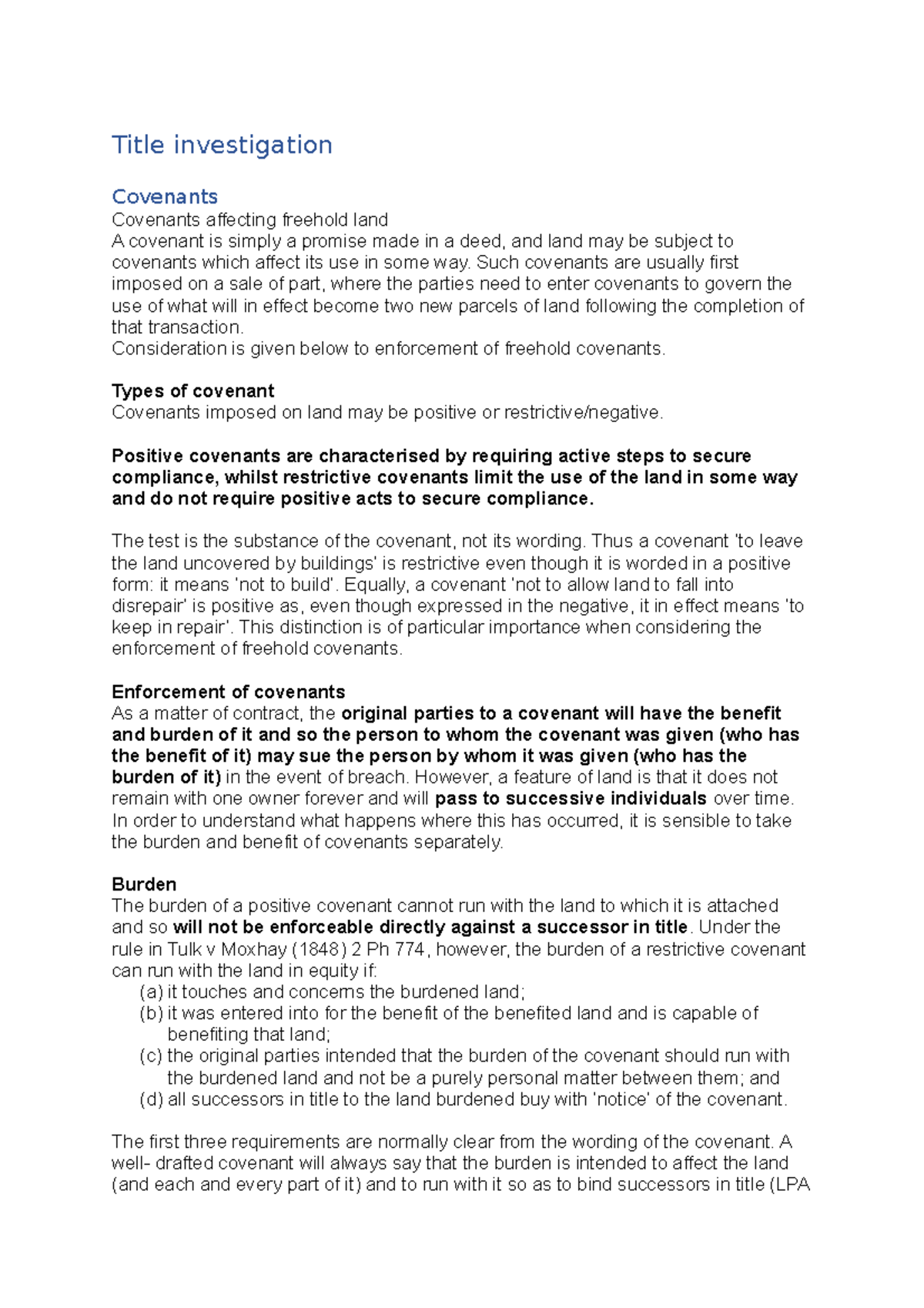 Title investigation notes - Title investigation Covenants Covenants ...