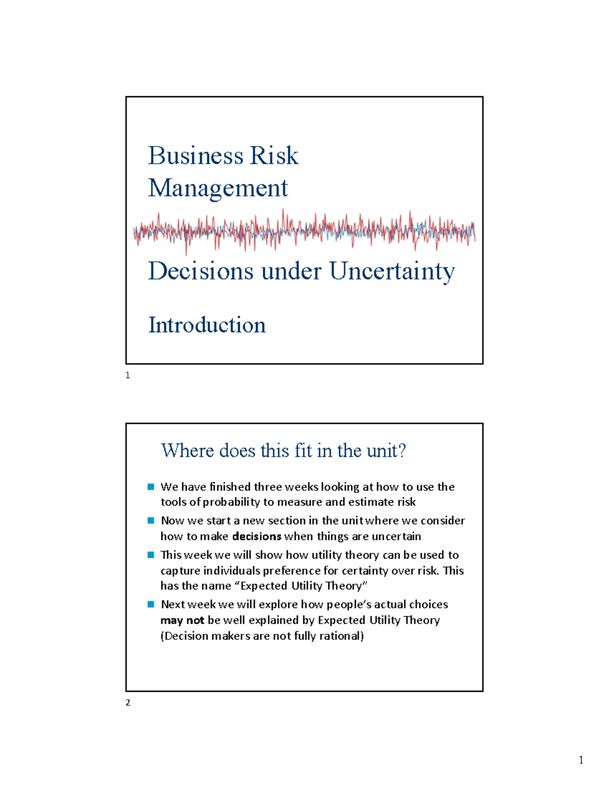 Lecture 5 Decisions Under Uncertainty Handout Business Risk
