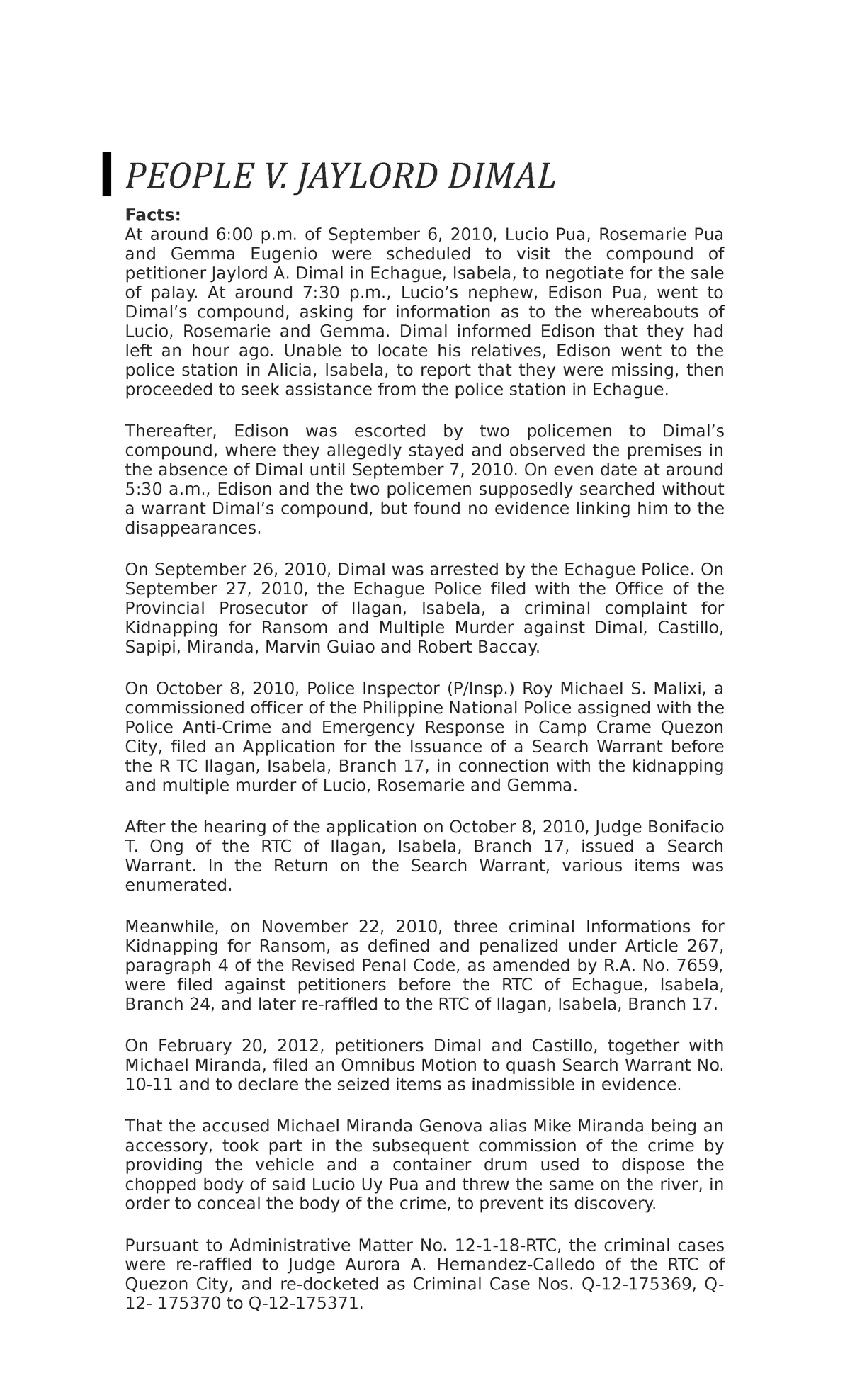 People vs dimal - Case Digest Compilation - PEOPLE V. JAYLORD DIMAL ...