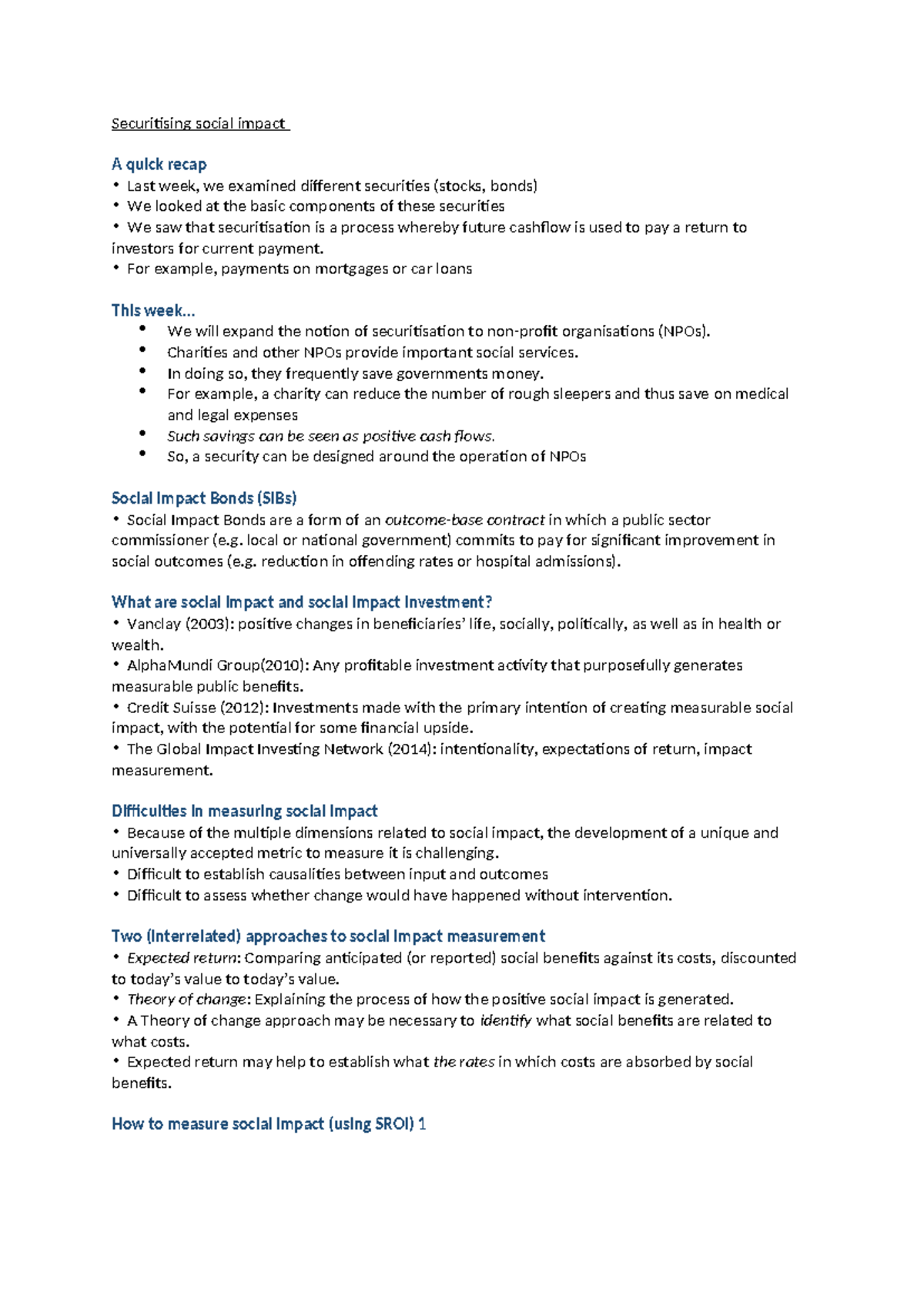 Week 7 fmot - Securitising social impact A quick recap • Last week, we ...