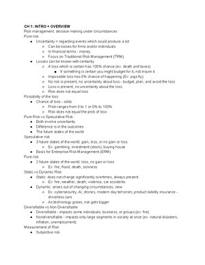 Risk Notes - Risk Notes Pure Risk - Uncertainty o Regarding events ...