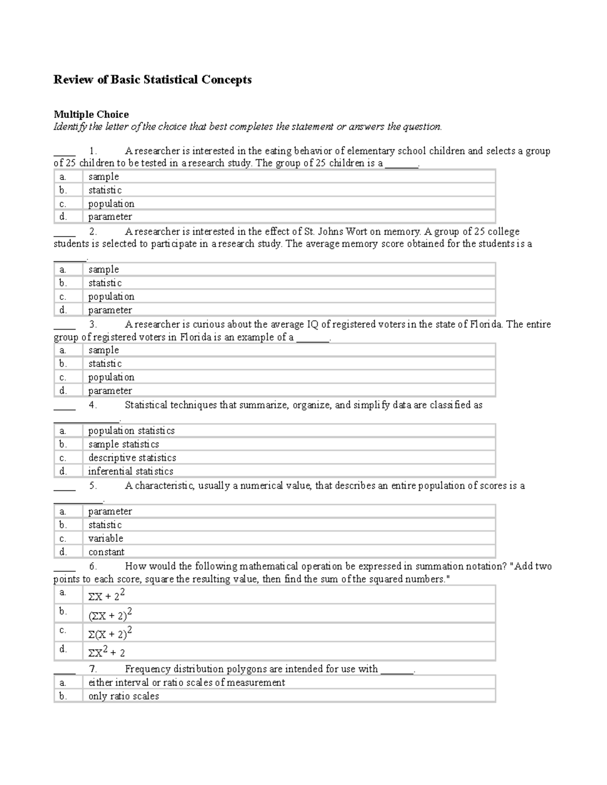 Revew test of basic statistical concepts - Review of Basic Statistical ...