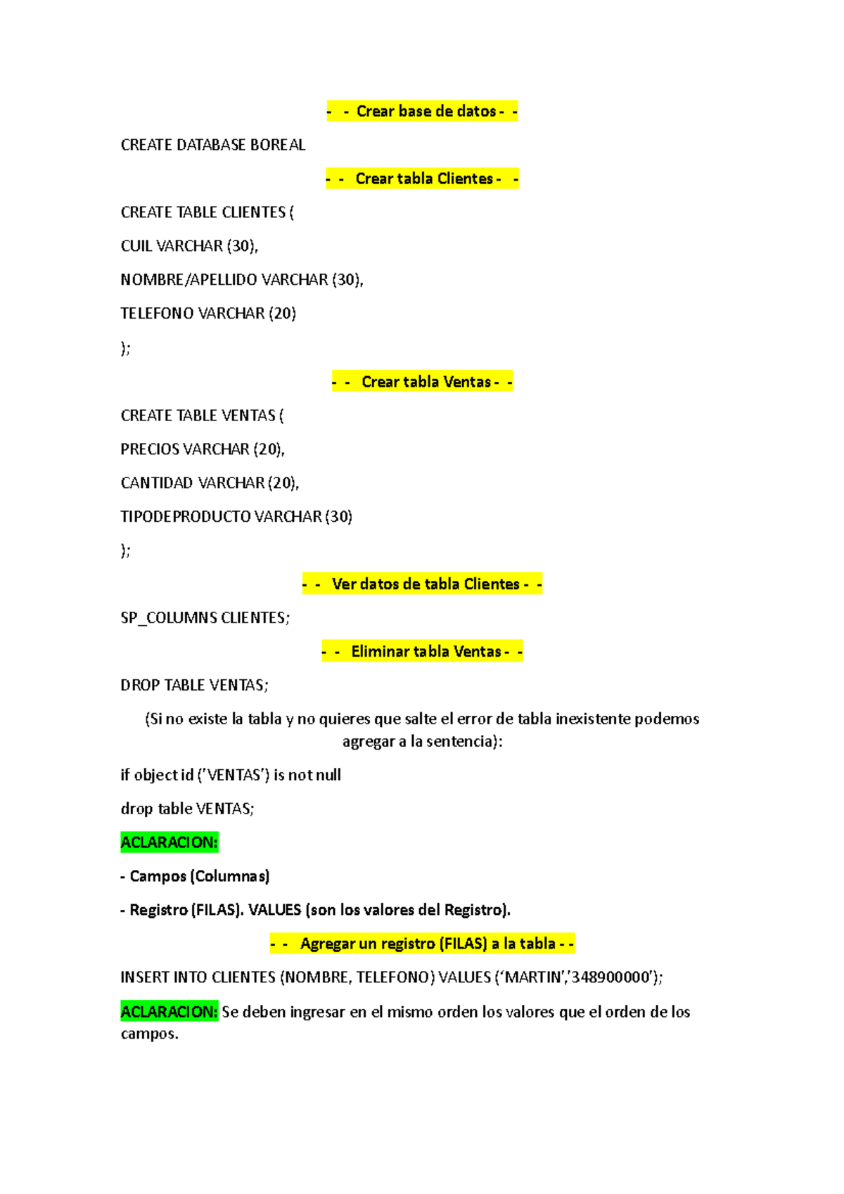 Secuencias SQL de trabajoo practico para poder terminar - Crear base de ...