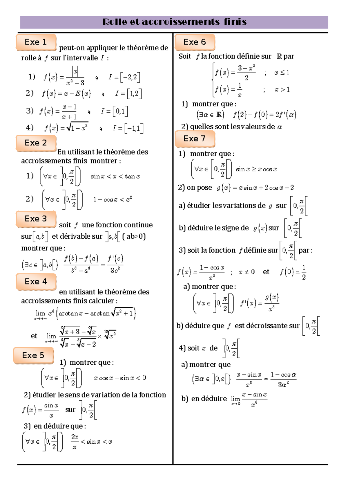 Maths - Théorème de Role - Exercice - peut-on appliquer - Studocu