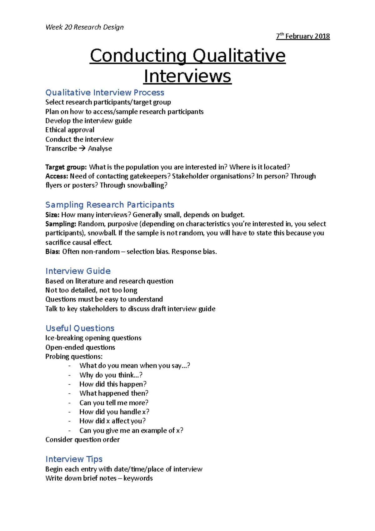 Conducting Qualitative Interviews - Week 20 Research Design 7th ...