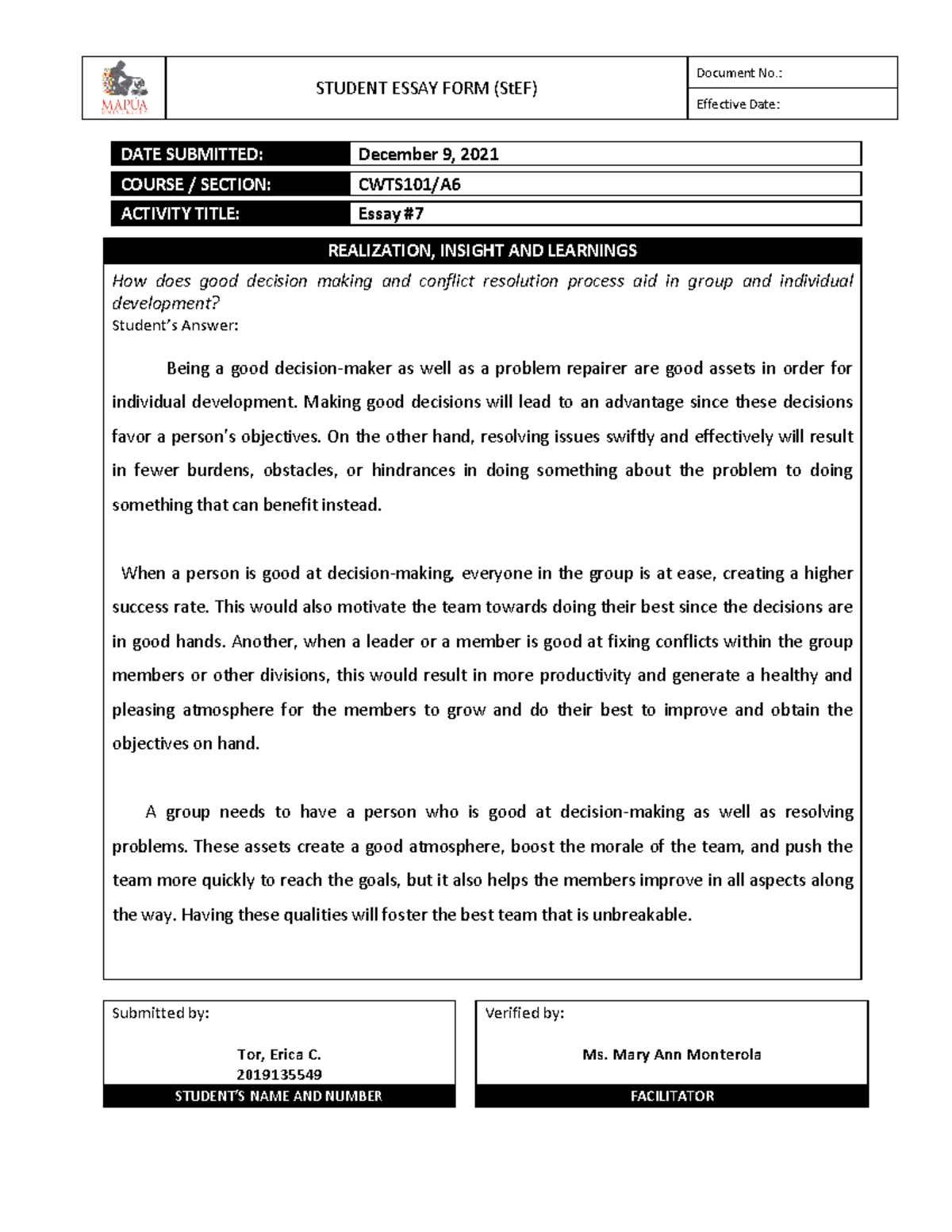 CWTS101 Essay 7 A6 TOR EC STUDENT ESSAY FORM StEF Document No cwts101-essay-7-a6-tor-ec-student-essay-form-stef-document-no